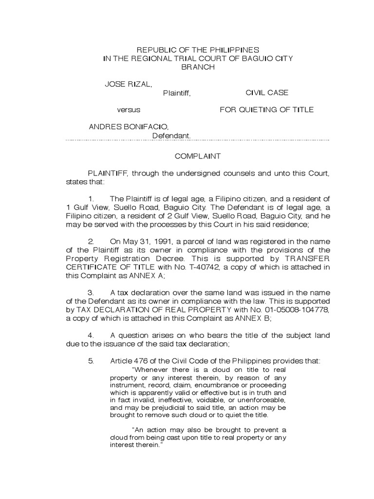 Action for Quieting of Title | Pleading | Complaint