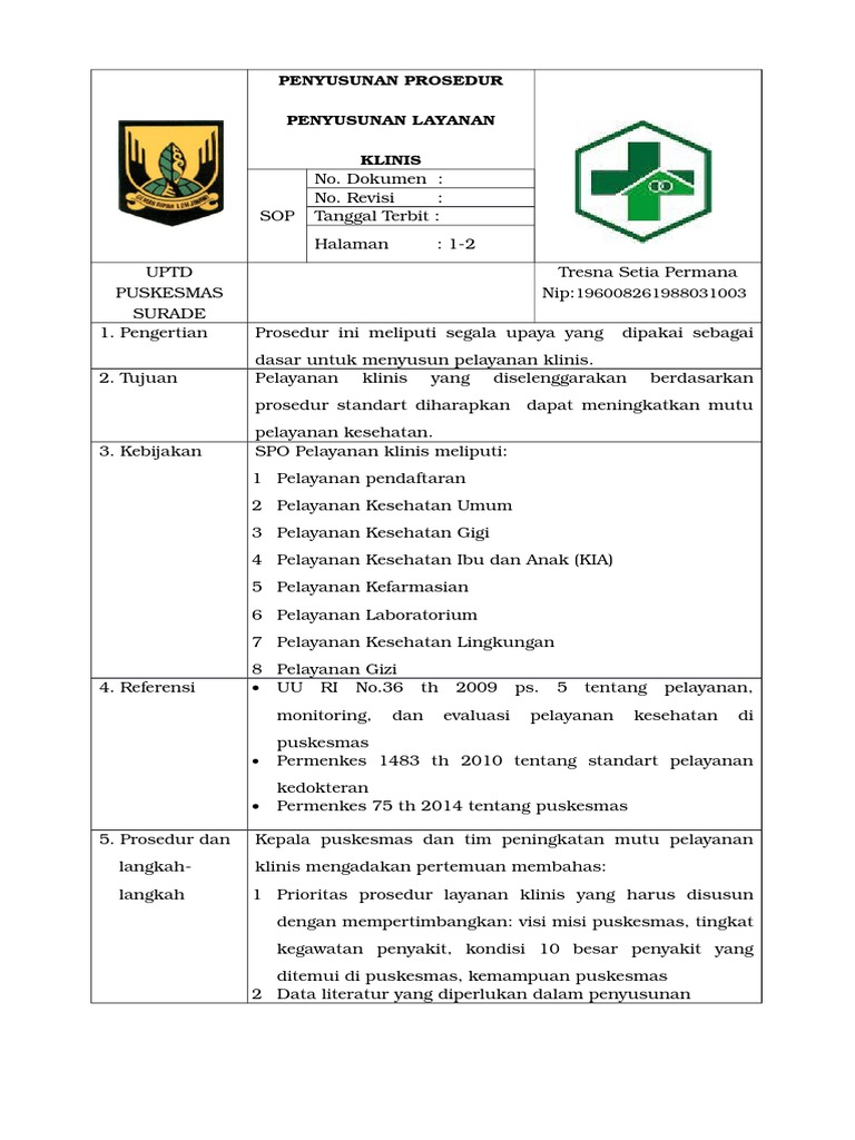 Sop Penyusunan Prosedur Layanan Klinis | PDF