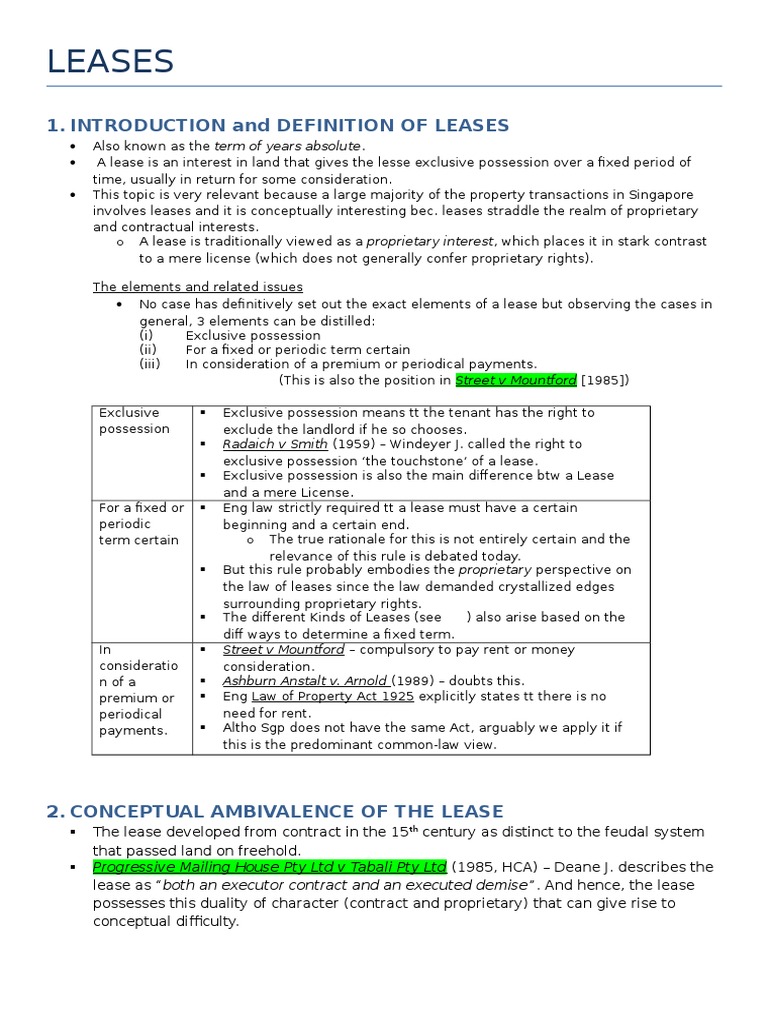 LEASES 1. INTRODUCTION and DEFINITION OF | PDF | Lease | Leasehold Estate