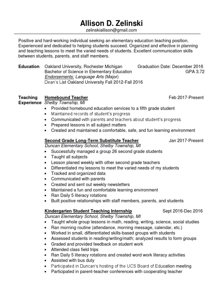 Allison Zelinski Weebly Resume | PDF | Teachers | Behavior Modification