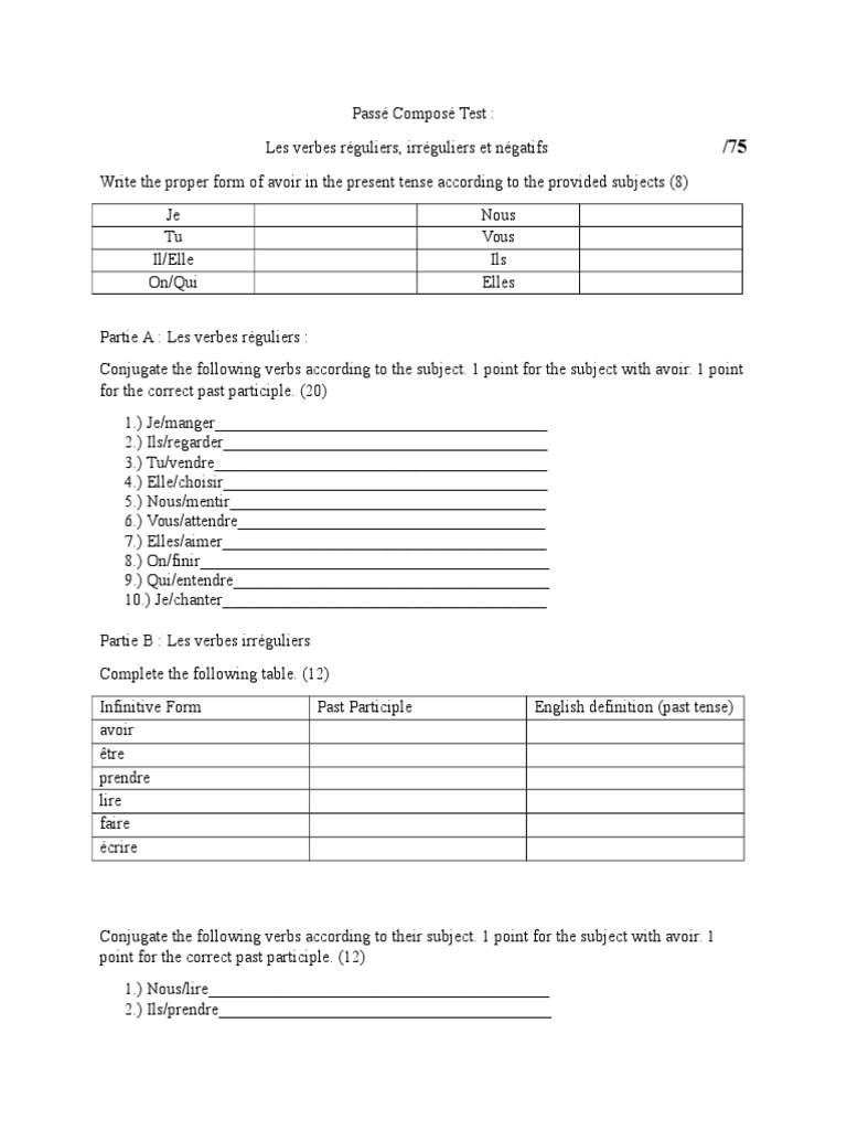 Test sur le Passé Composé en Français | PDF