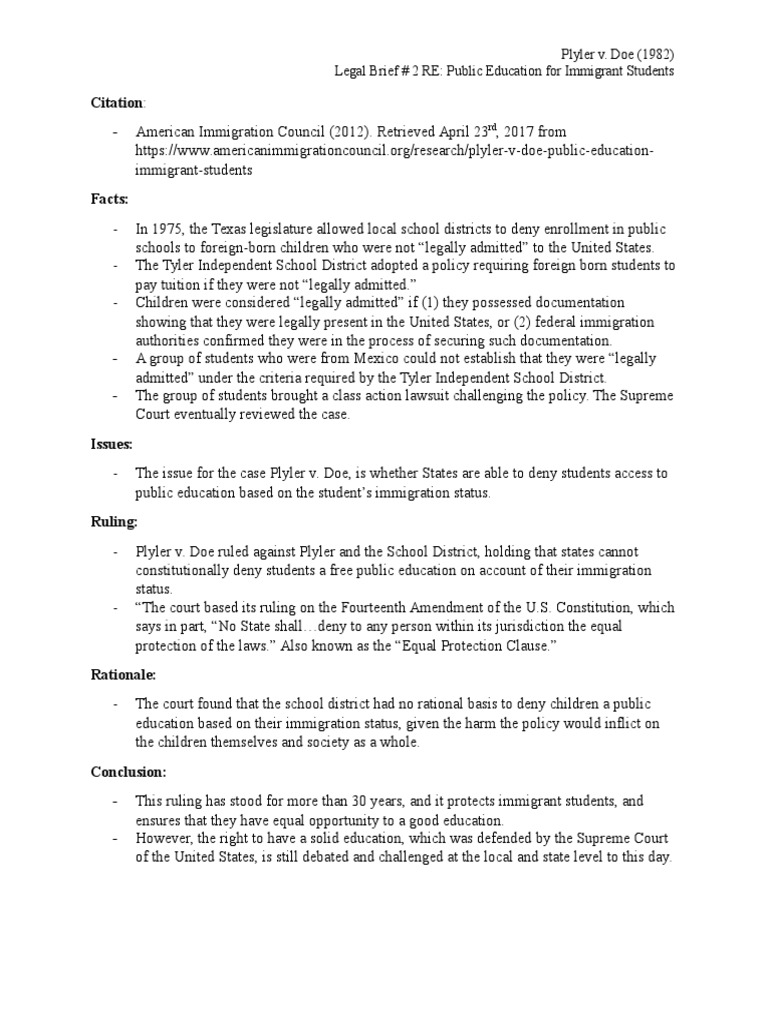 Legal Brief Analysis 2 | PDF | Plyler V. Doe | U.S. State