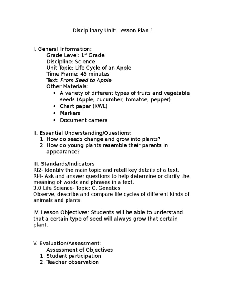 Apple Life Cycle Lesson Plan for 1st Grade | PDF | Lesson Plan ...