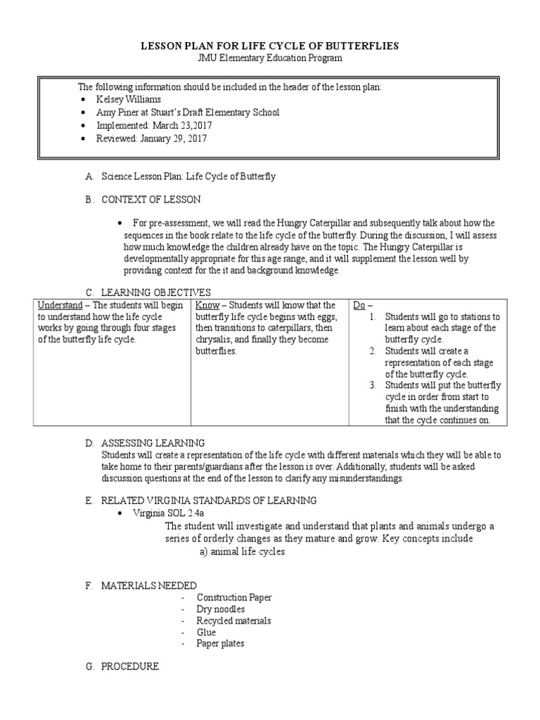 Lesson Plan For Life Cycle of Butterflies | PDF | Butterfly | Lesson Plan