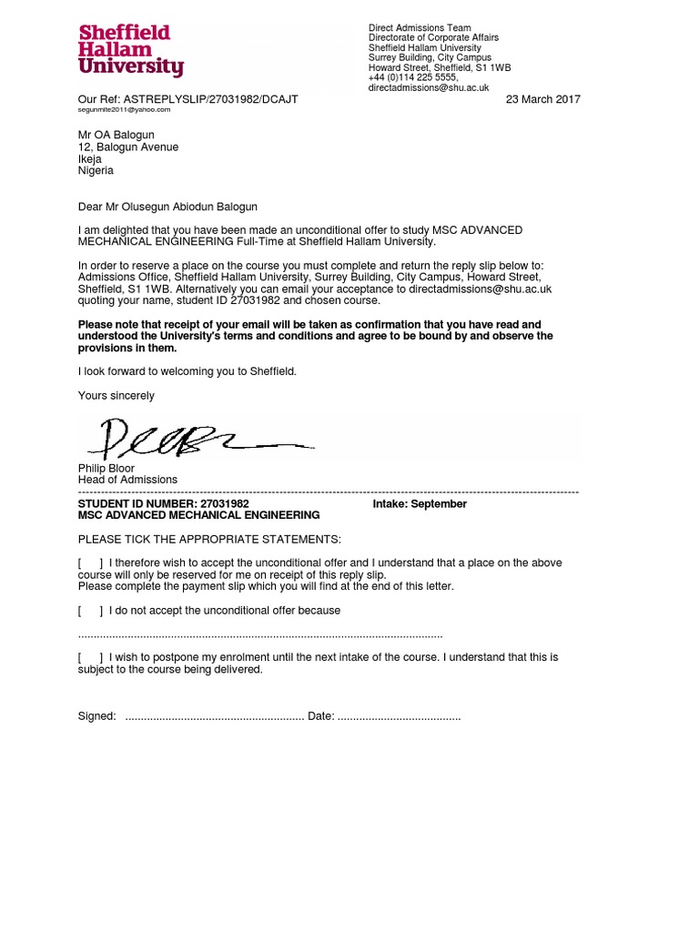 Unconditional Offer Letter and Course Details for MSc in Advanced ...