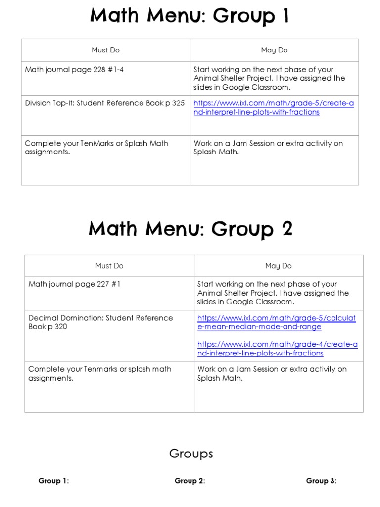 Math Menu | PDF