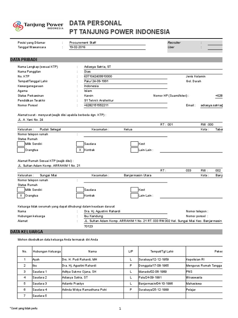 TPI Personal Data Form (Adiasya Satria - Procurement Staff) | PDF