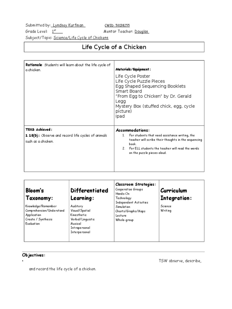 Life Cycle of Chickens Formal Eval | PDF | Chicken | Lesson Plan