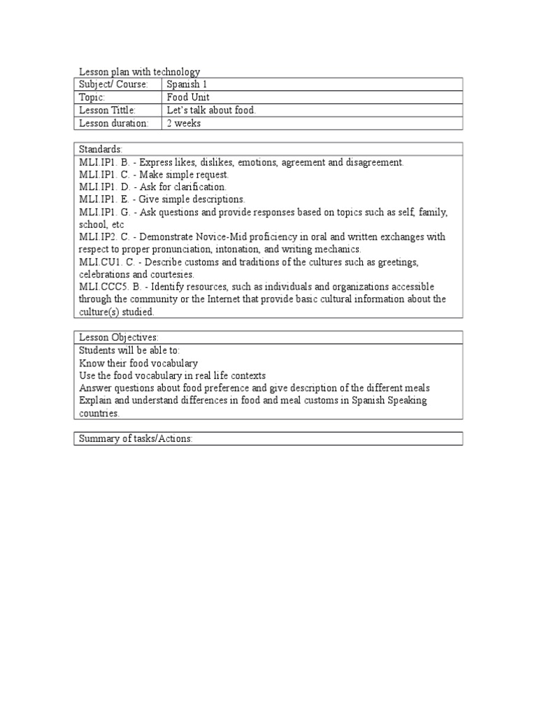Lesson Plan - Lets Talk About Food | PDF | Lesson Plan | Vocabulary