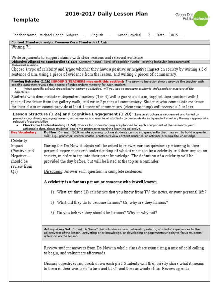 Goal 7 Lesson Plan 16-17 | PDF | Reading Comprehension | Lesson Plan