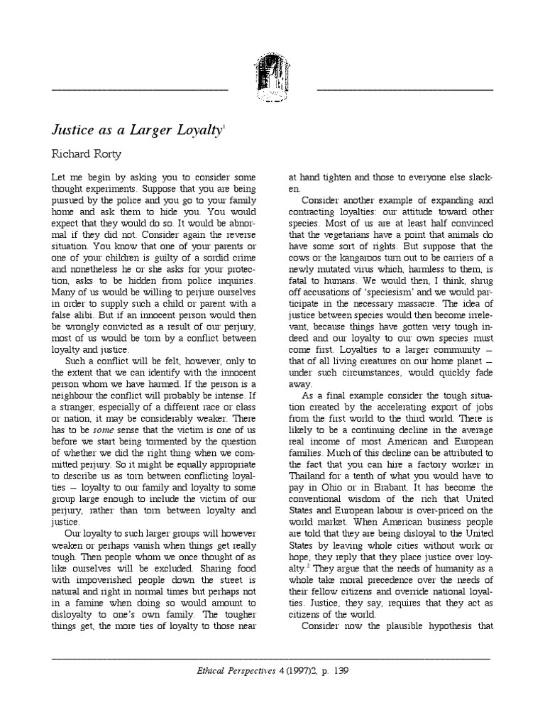 Justice As A Larger Loyalty-Rorty | PDF | John Rawls | Reason