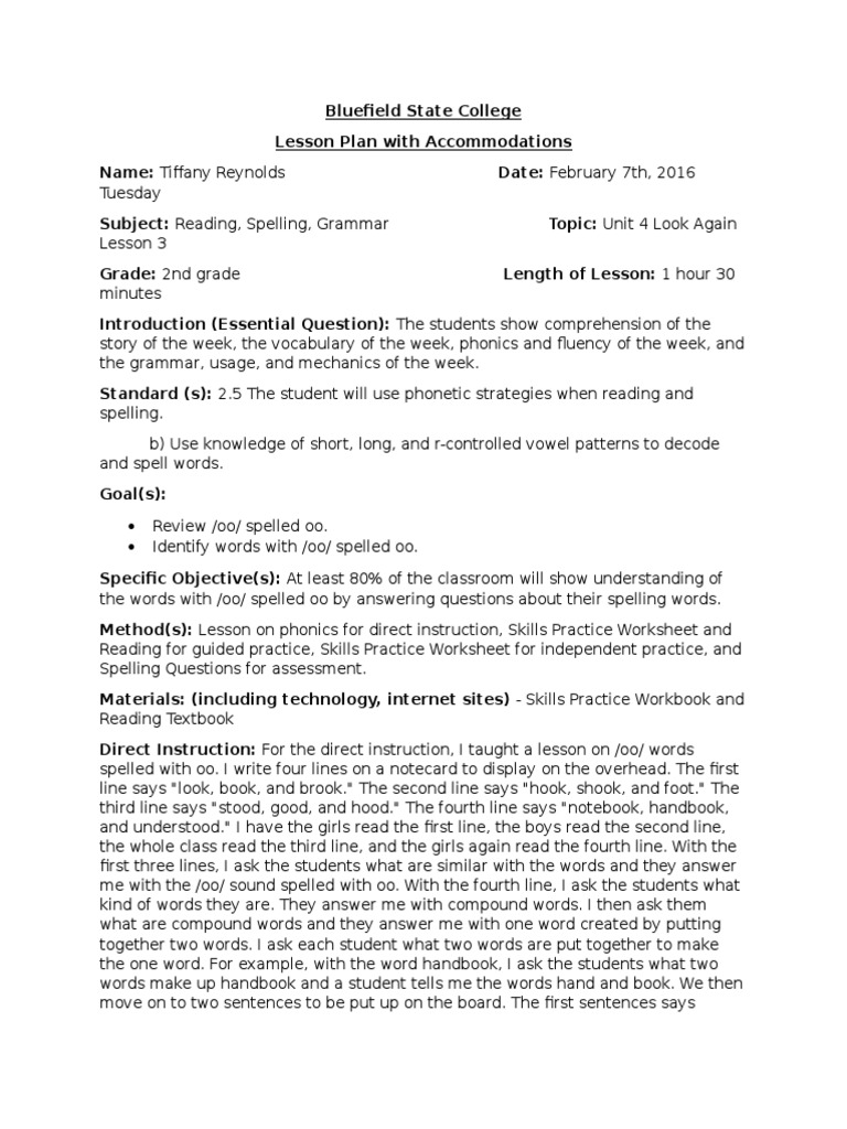 lesson plan with accommodations 2 | Phonics | Reading (Process)