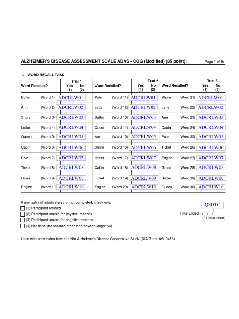 ADAS - COG v1 85pt | PDF | Alzheimer's Disease | Neuropsychological ...