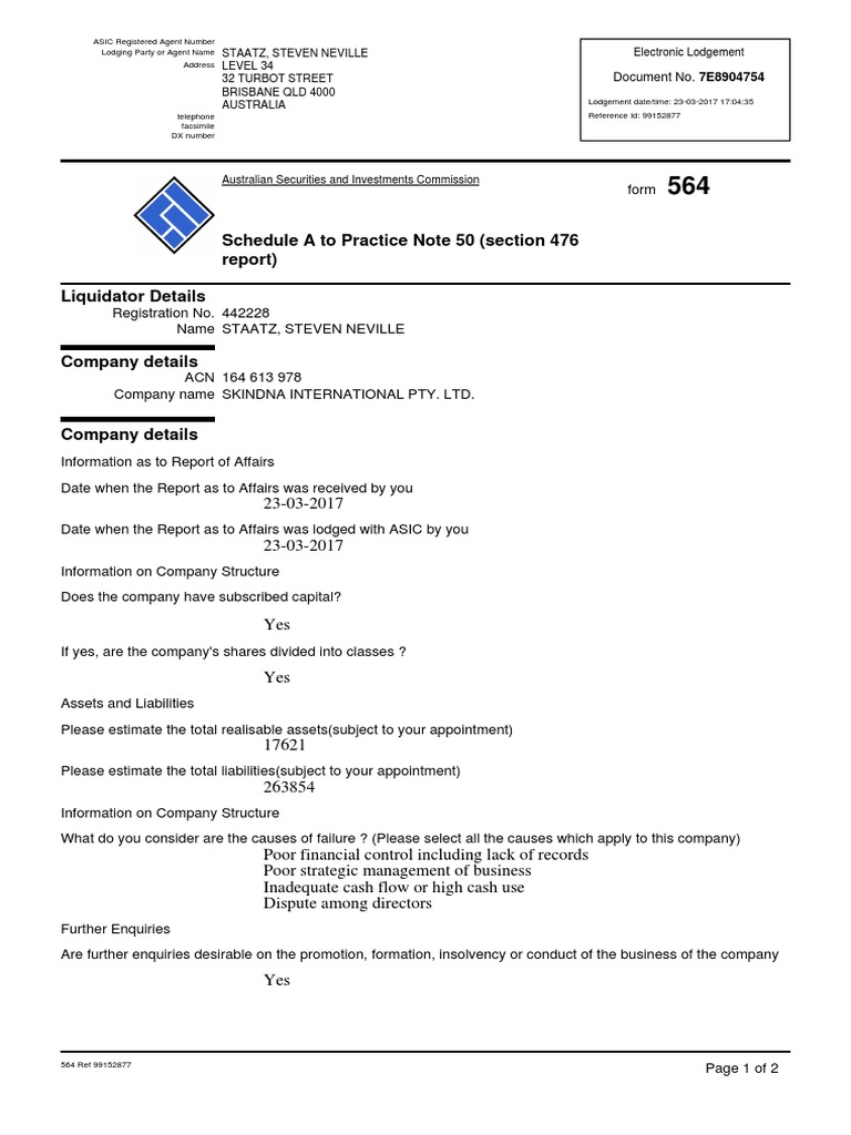 SkinDNA Insolvency - Asic Form 564 - Liquidators Contact Details ...