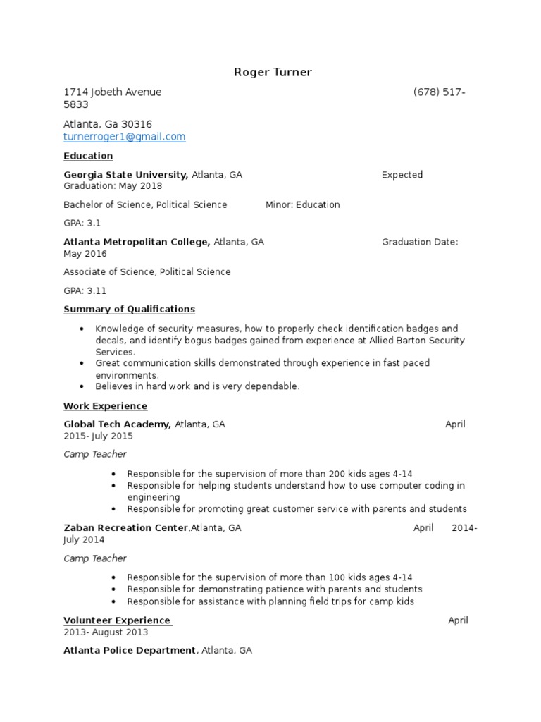 Roger Resume For Summer Job | PDF
