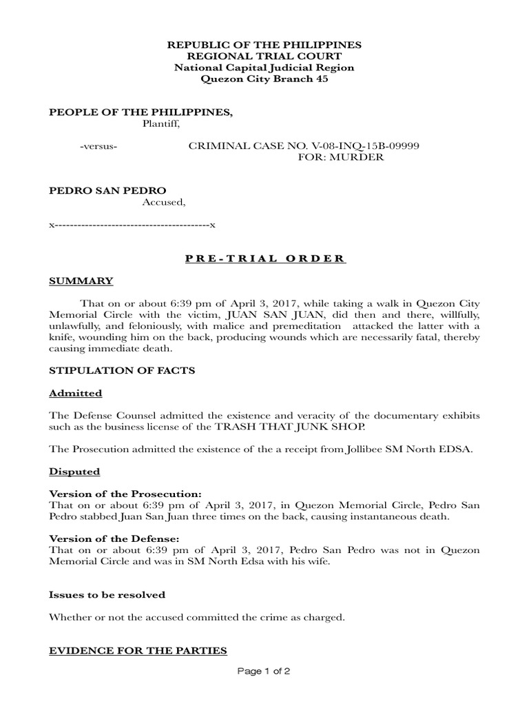 Pre Trial Order | PDF | Prosecutor | Witness