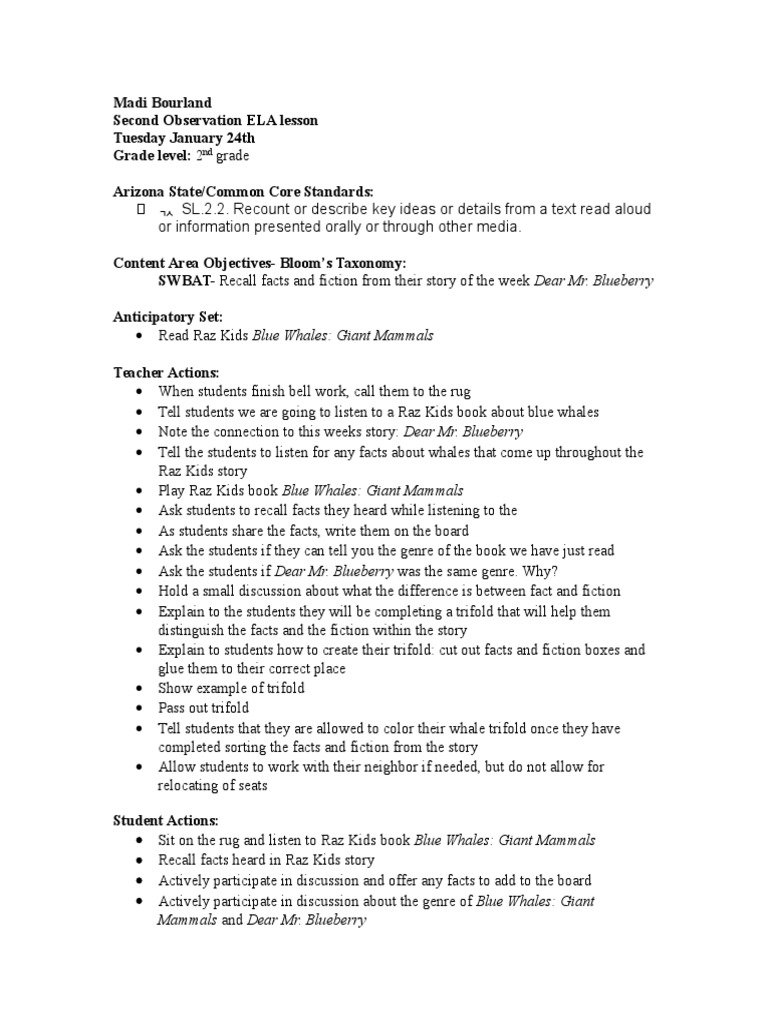 Dear MR Blueberry Whale Trifold Leson | PDF | Pedagogy | Learning