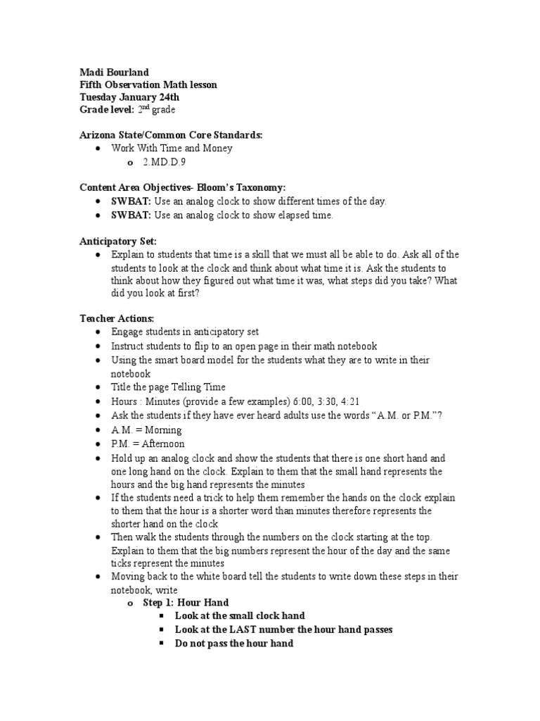 Telling Time Lesson - Observation 5 | PDF | Clock | Teaching