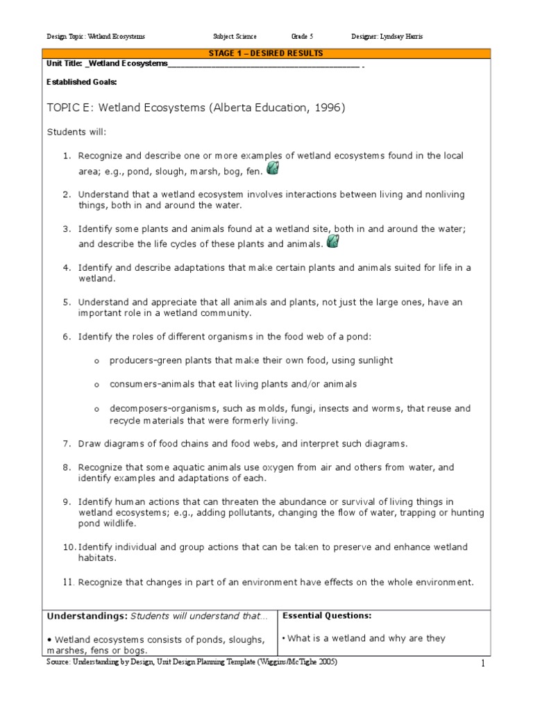 Unit Plan Wetland Ecosystems Grade 5 Science | Download Free PDF ...