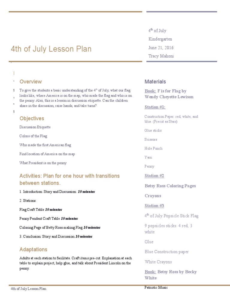 4th of July Lesson Plan: Evaluation: CFU | Download Free PDF ...