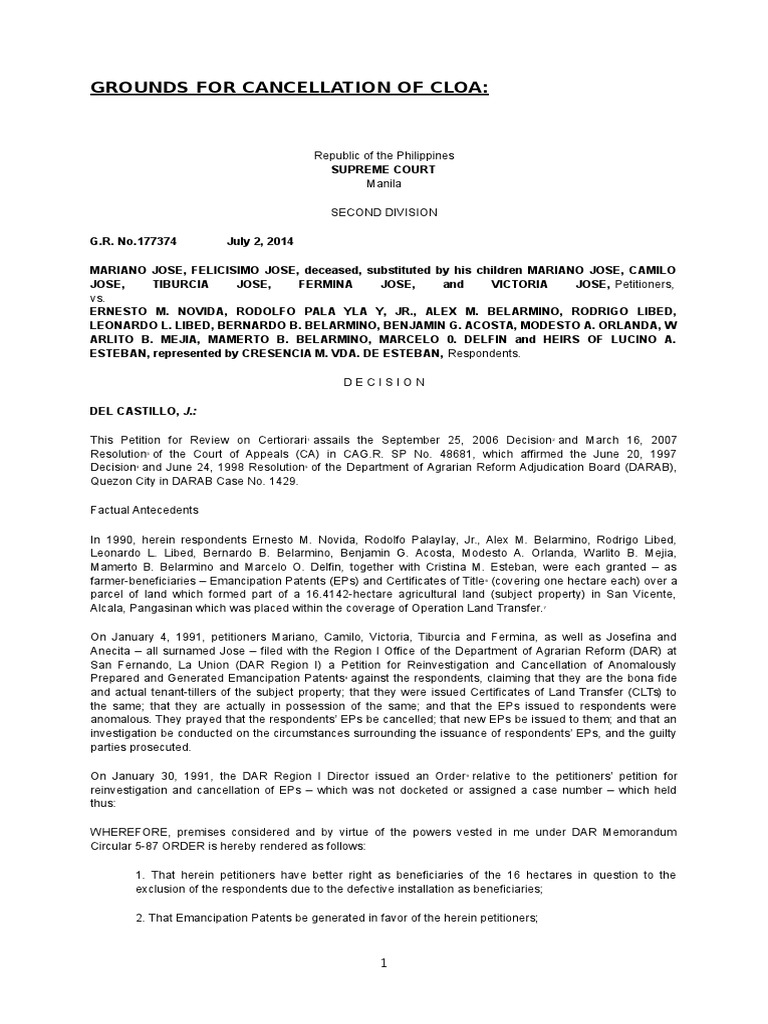 Cancellation of CLOA | PDF | Jurisdiction | Mortgage Law