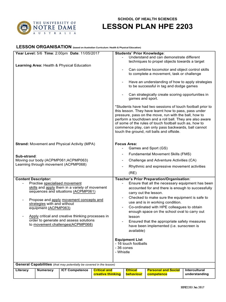 Touch Football Lesson Plan for Year 5/6 | PDF | Competence (Human ...