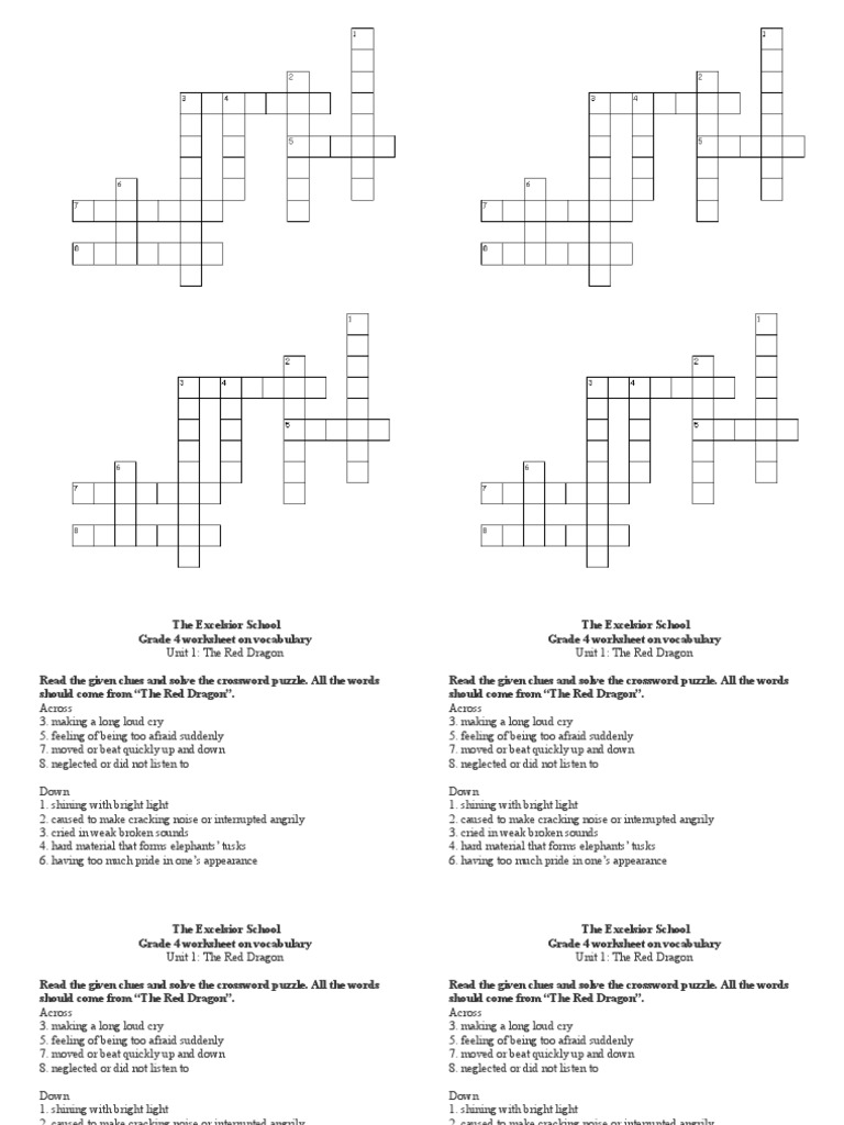 Grade 4 Vocabulary Crossword: The Red Dragon | PDF | Crossword | Single ...