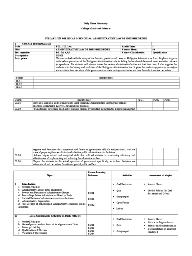 Philippine Administrative Law Syllabus | PDF | Jurisprudence | Elections