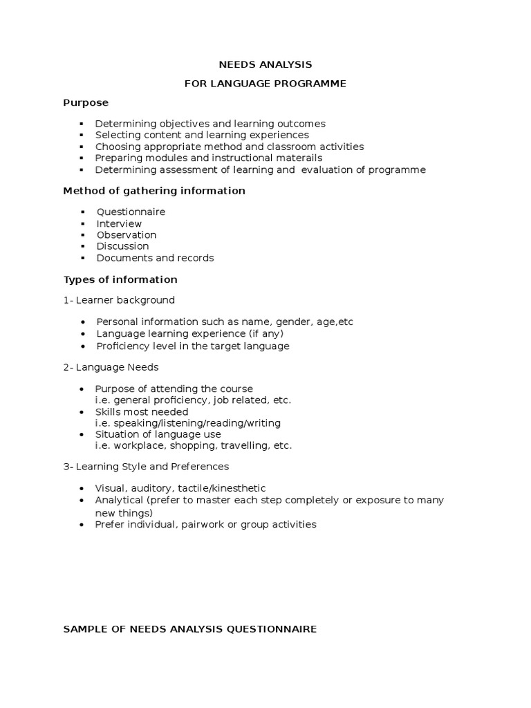 Language Course Needs Assessment | PDF | Career & Growth