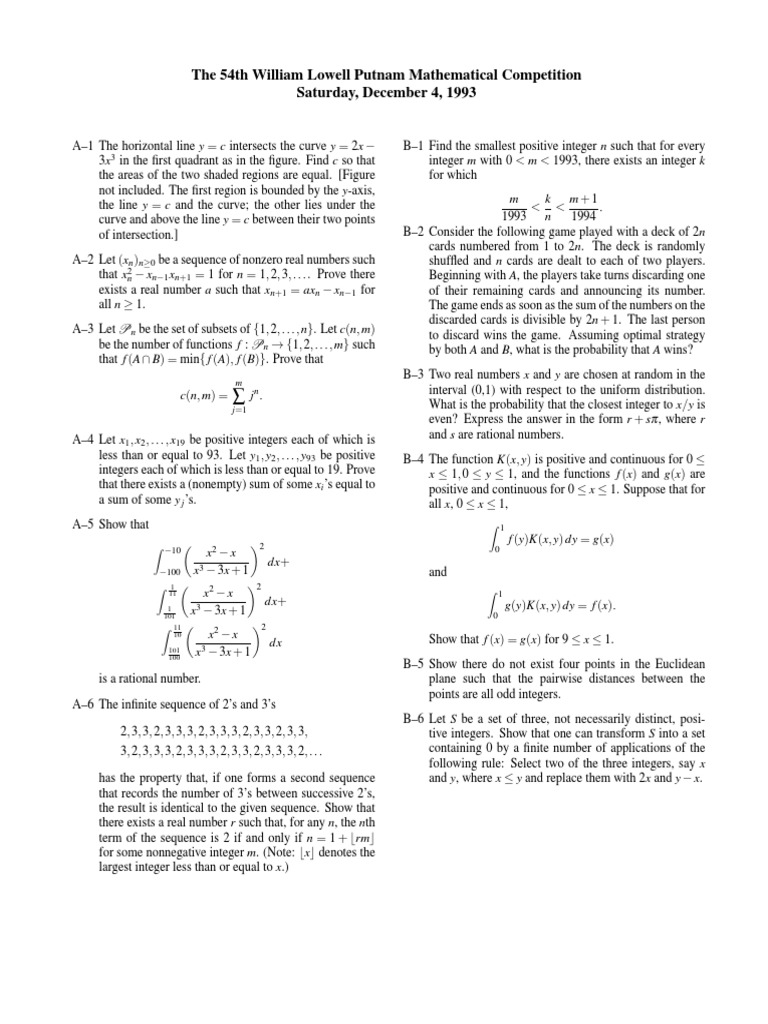 The 54th William Lowell Putnam Mathematical Competition Saturday ...