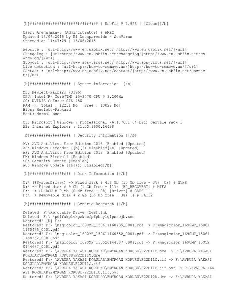 UsbFix Report | PDF | Windows Registry | Antivirus Software
