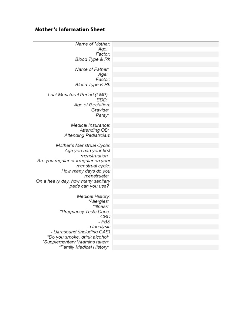 Mother's Information Sheet Sample | PDF