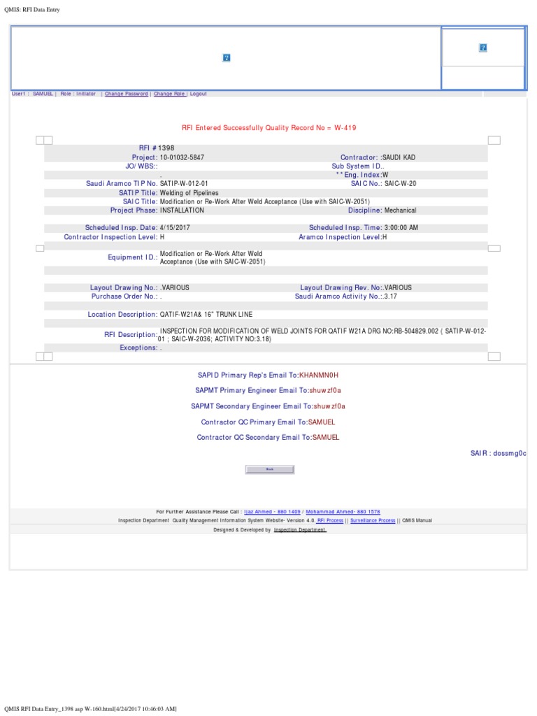 QMIS RFI Data Entry - 1398 ASP W-160 | PDF | Computing | Science