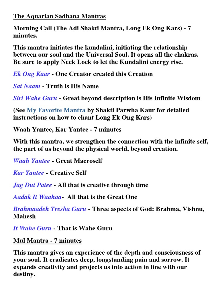 Aquarian Sadhana Mantras Overview | PDF | Mantra | Kundalini