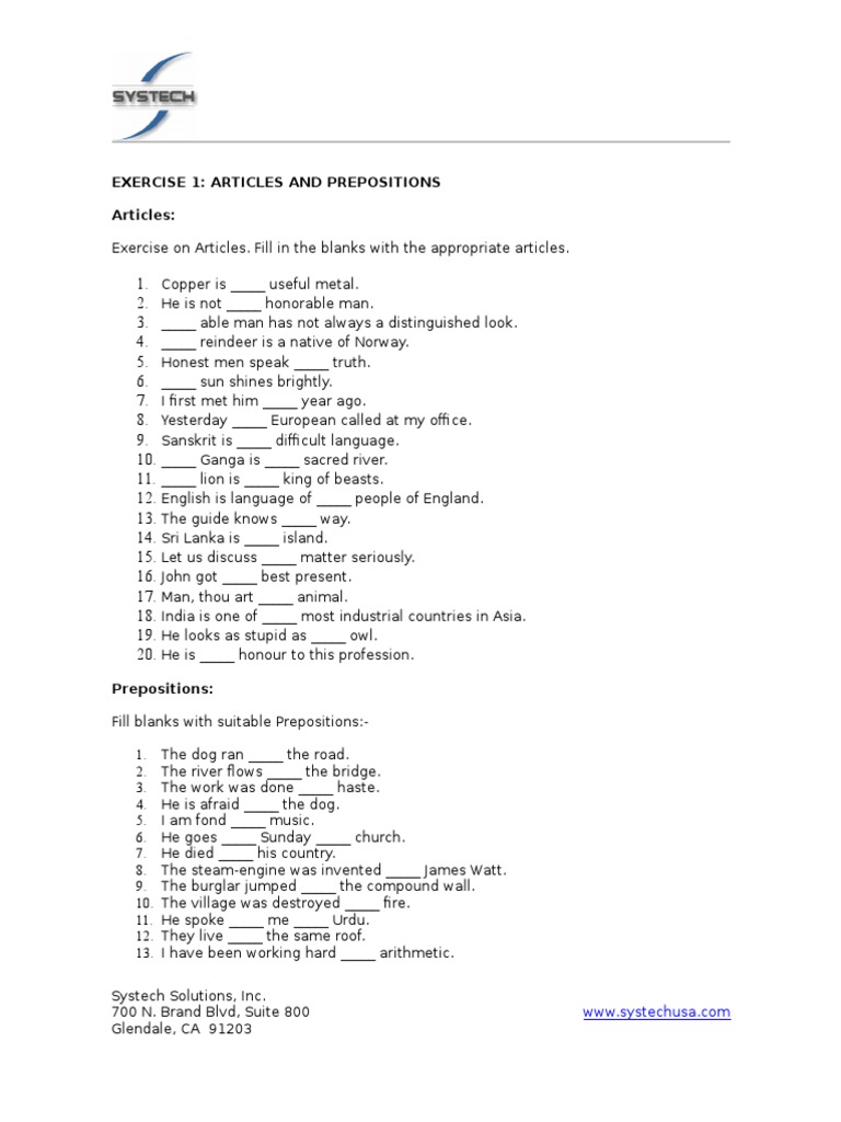 Ex1 Articles and Prepositions | PDF