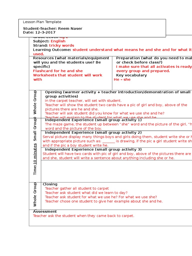 he and she lesson plan | Lesson Plan | Quality Of Life