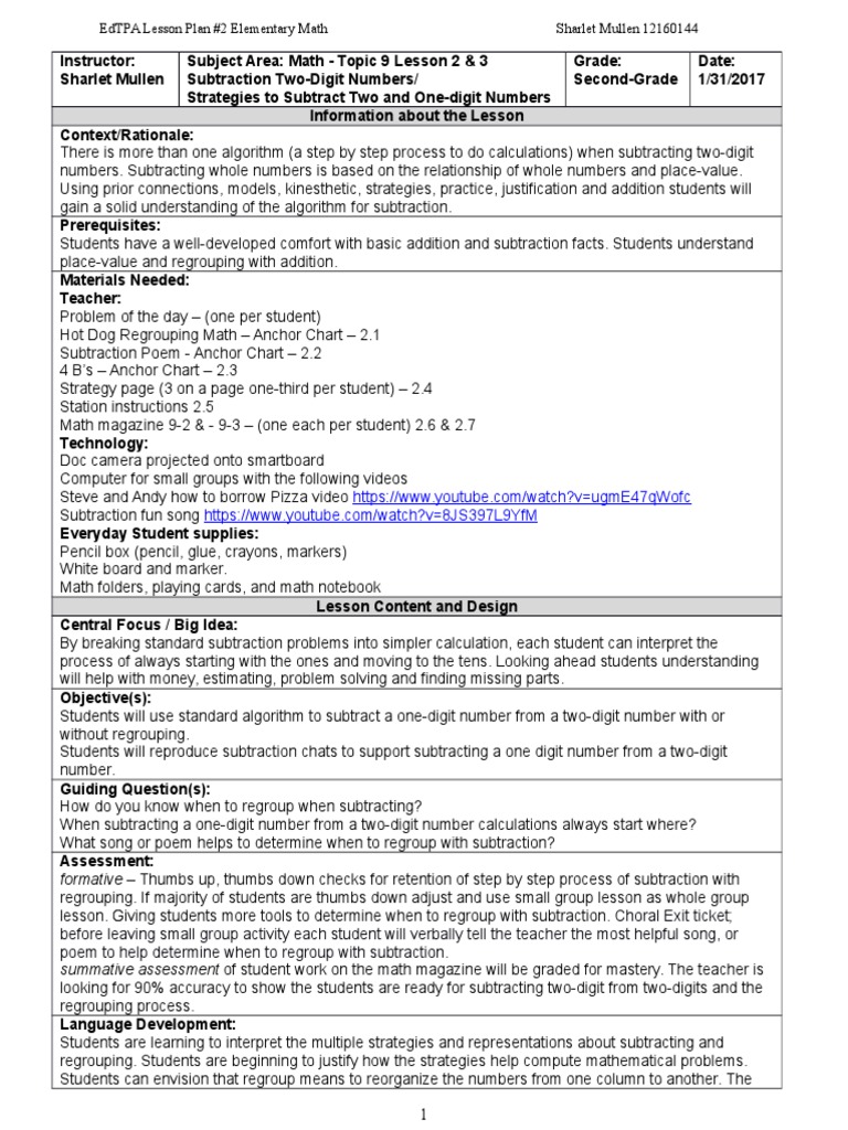 Edtpa Lesson Plan 2 Elemmath | PDF | Subtraction | Educational Assessment