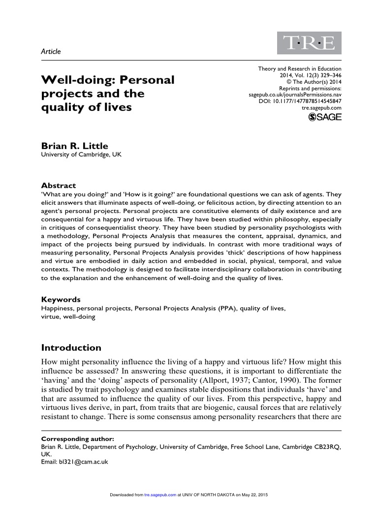 Well-Doing: Personal Projects and The Quality of Lives: Brian R. Little ...