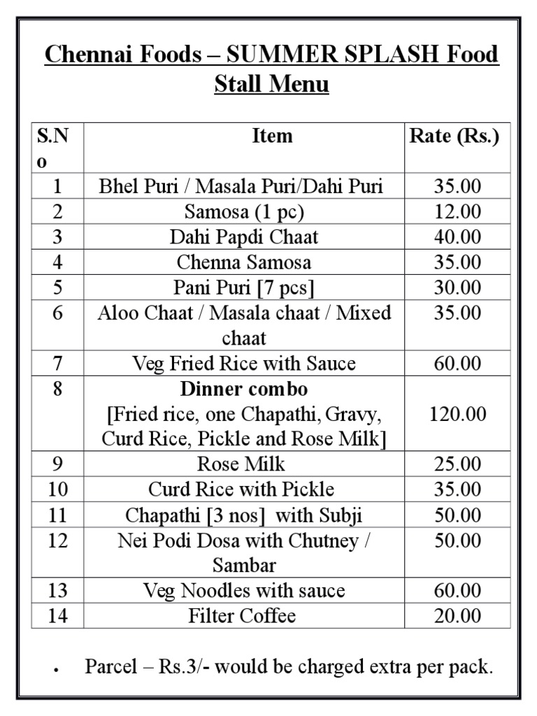 Chennai Foods - SUMMER SPLASH Food Stall Menu: S.N o Item Rate (RS.) | PDF