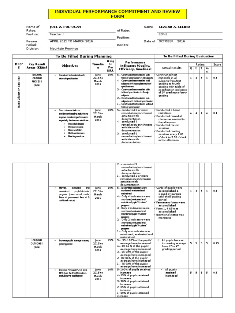Individual Performance Commitment and Review Form | Download Free PDF ...
