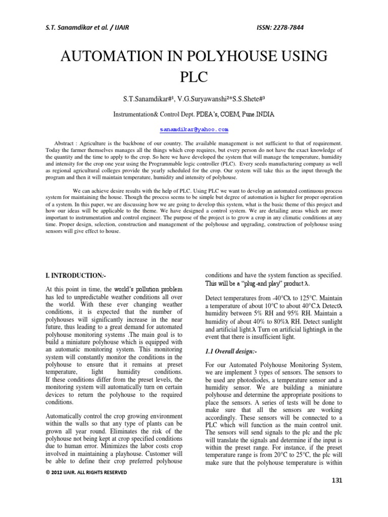Automation in Polyhouse Using PLC PDF | PDF | Programmable Logic ...