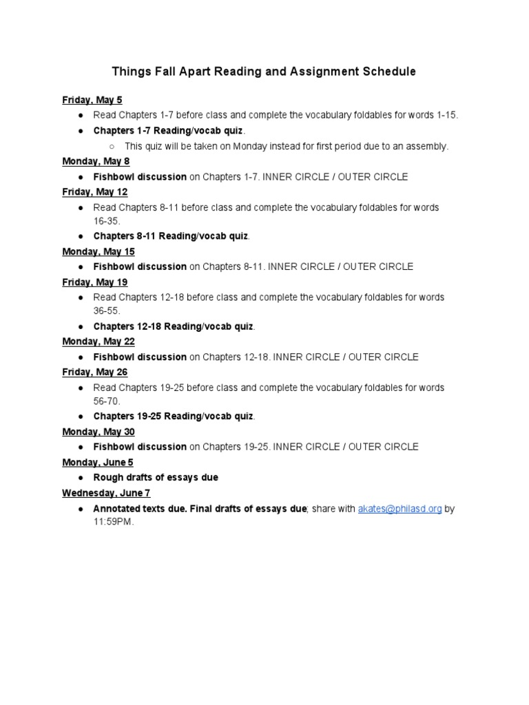 Things Fall Apart Reading and Assignment Schedule: Friday, May 5 | PDF