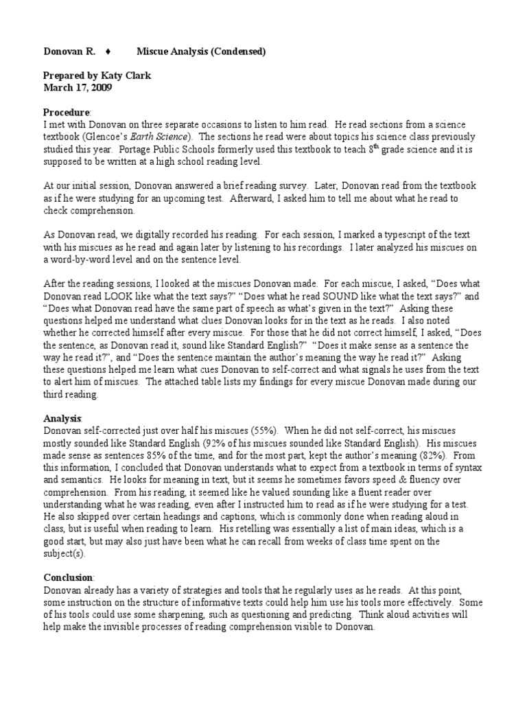 Miscue Analysis Report Engle | PDF | Nature | Reading Comprehension