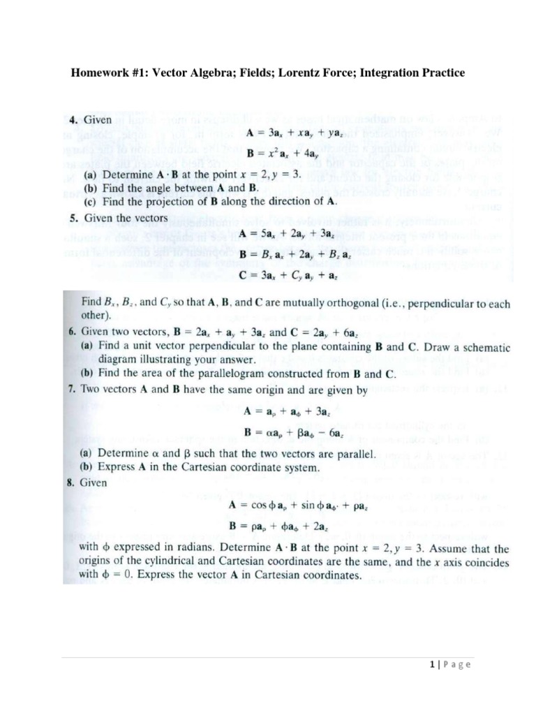 Homework #1: Vector Algebra Fields Lorentz Force Integration Practice | PDF