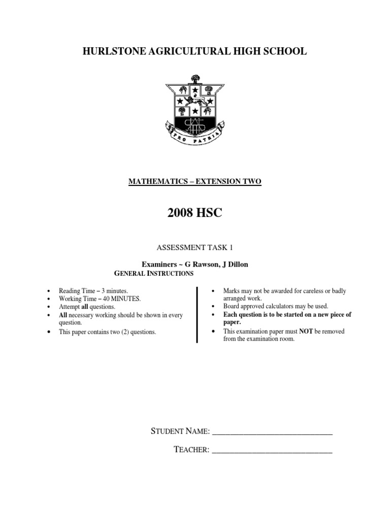 Hurlstone Agricultural High School: Mathematics - Extension Two | PDF ...