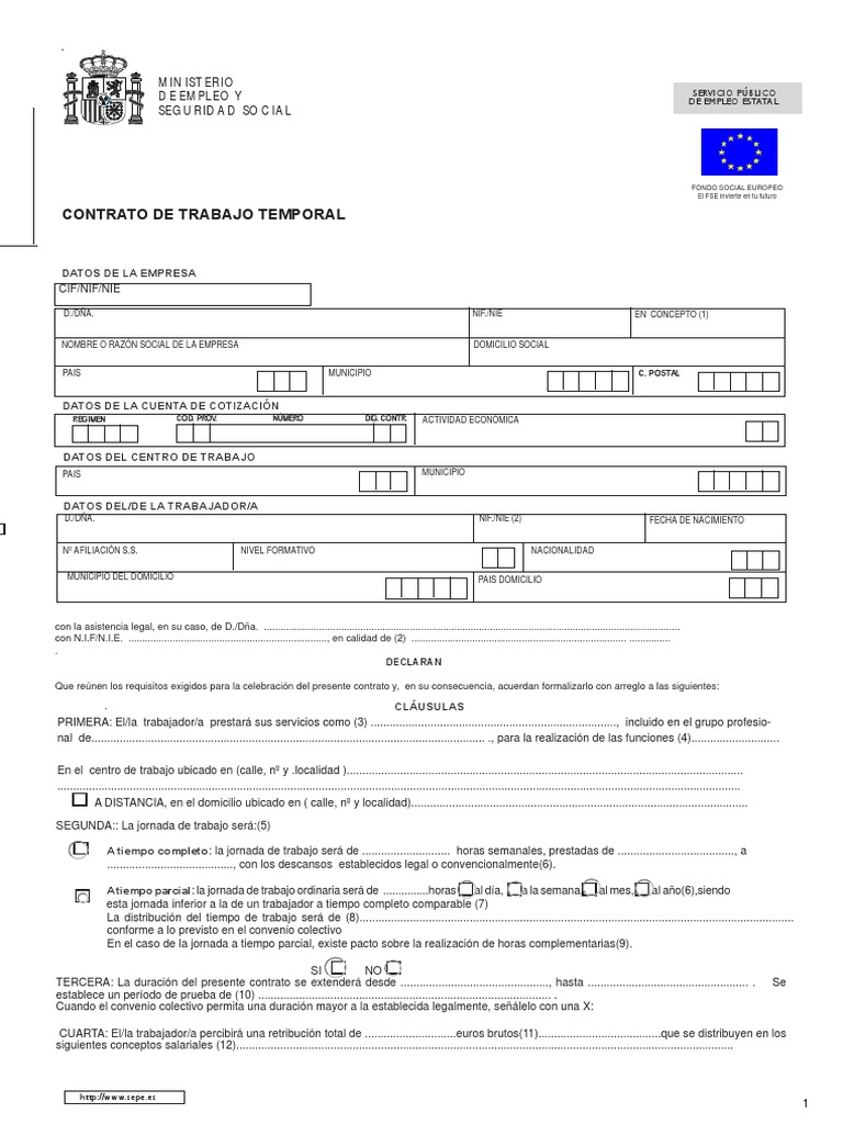 Contrato De Trabajo Temporal: Ministerio De Empleo Y Seguridad Social ...