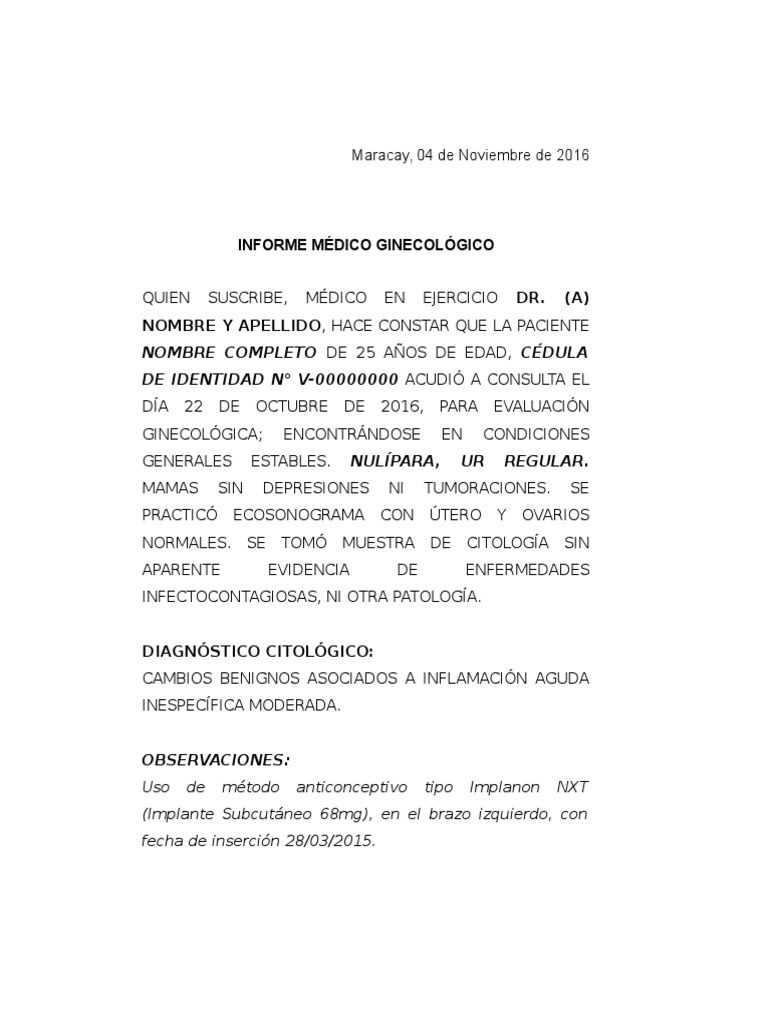 Modelo de Informe Medico Ginecologico | Salud pública | Medicina