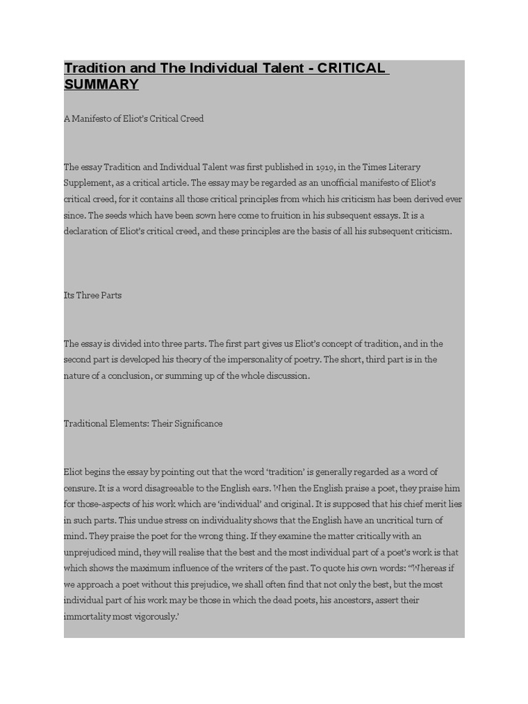 Tradition and The Individual Talent | PDF | T. S. Eliot | Poetry