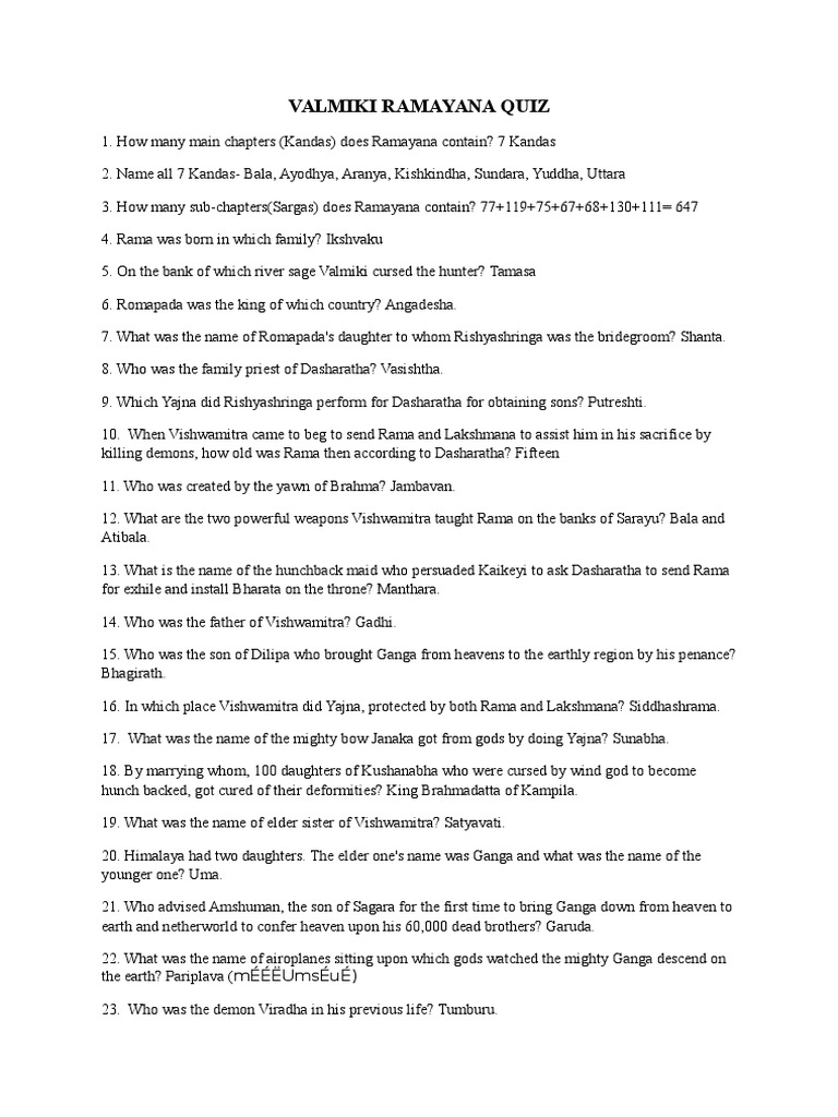 Ramayana Quiz | PDF | Rama | Ramayana