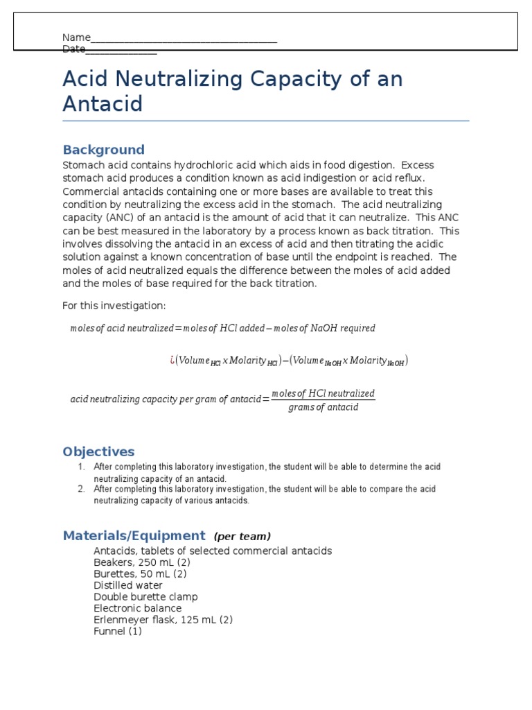 Acid Neutralizing Capacity of An Antacid: Background | PDF | Titration ...